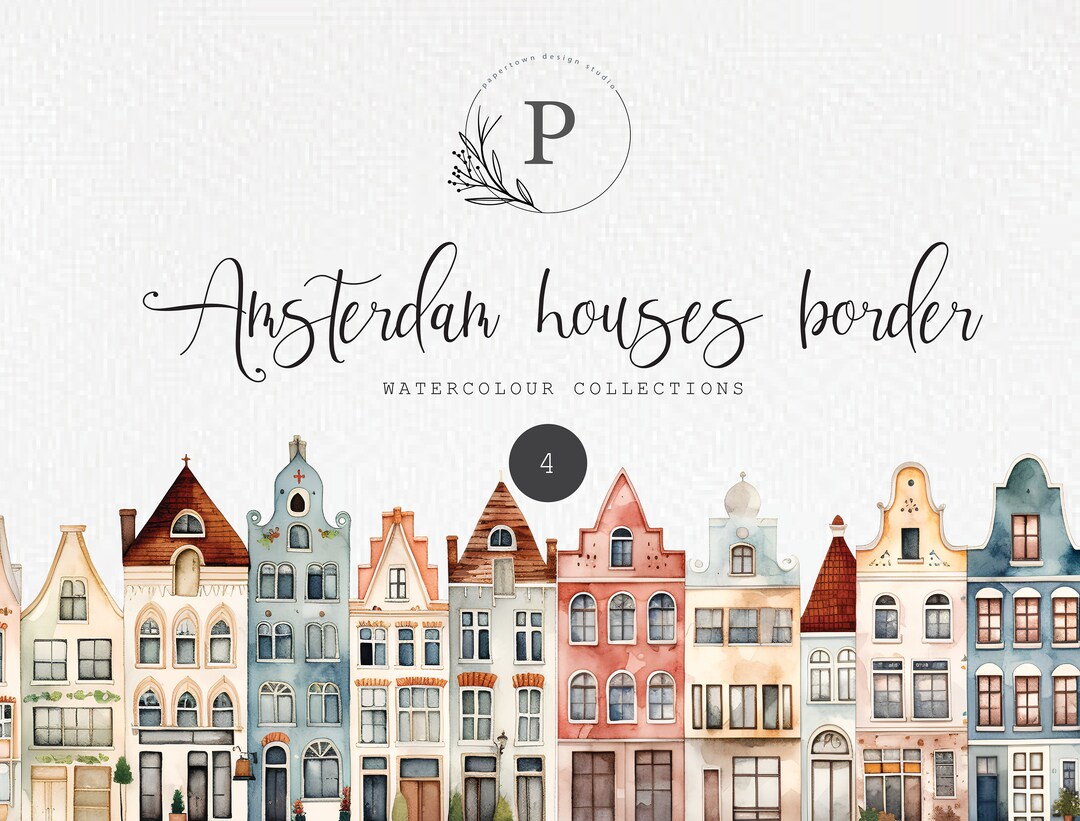 Watercolor Amsterdam Houses Border ,PNG Files, Dutch Houses, Digital ...