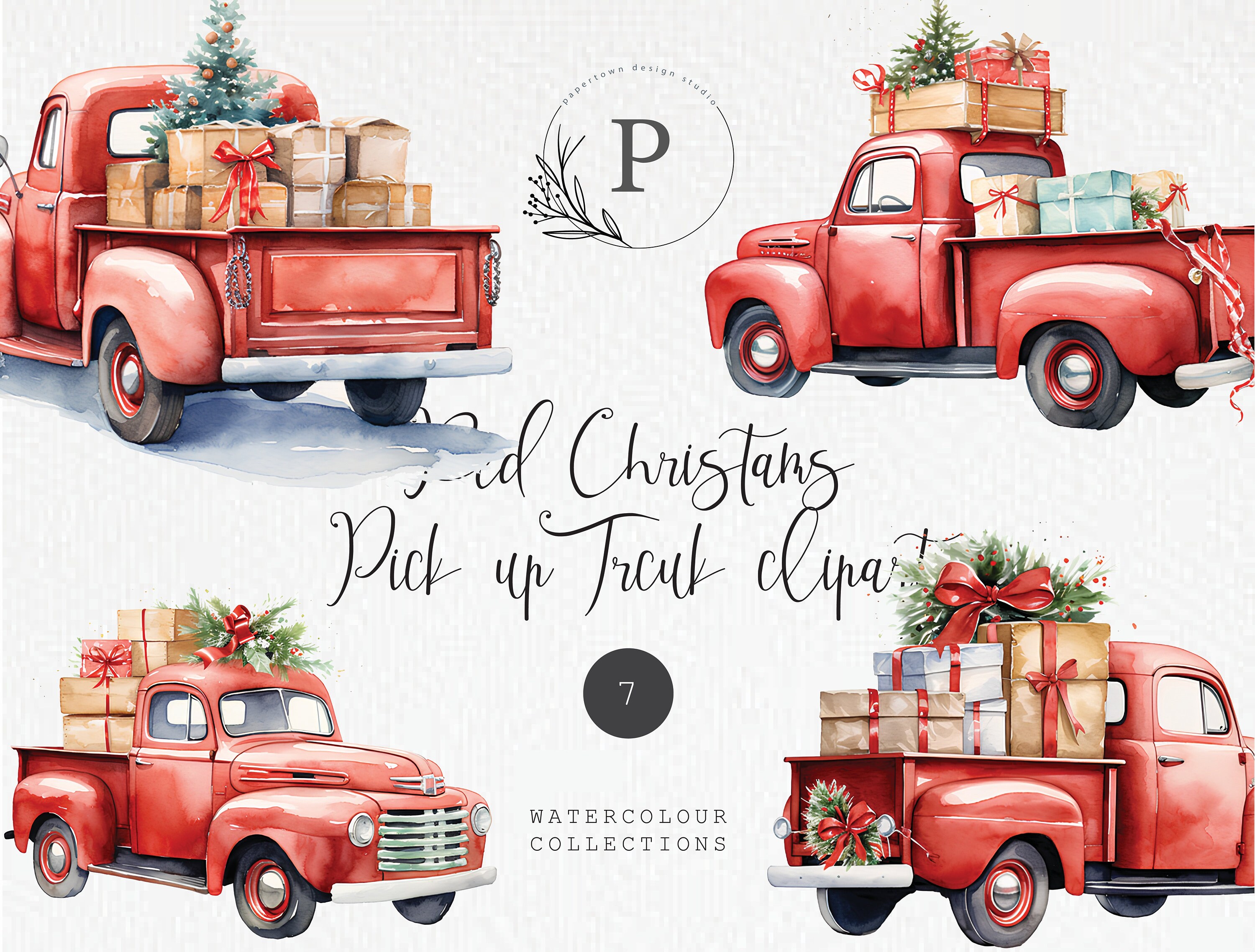 Red Watercolor Christmas Truck Clipart, 7 PNG Files, Digital Download ...