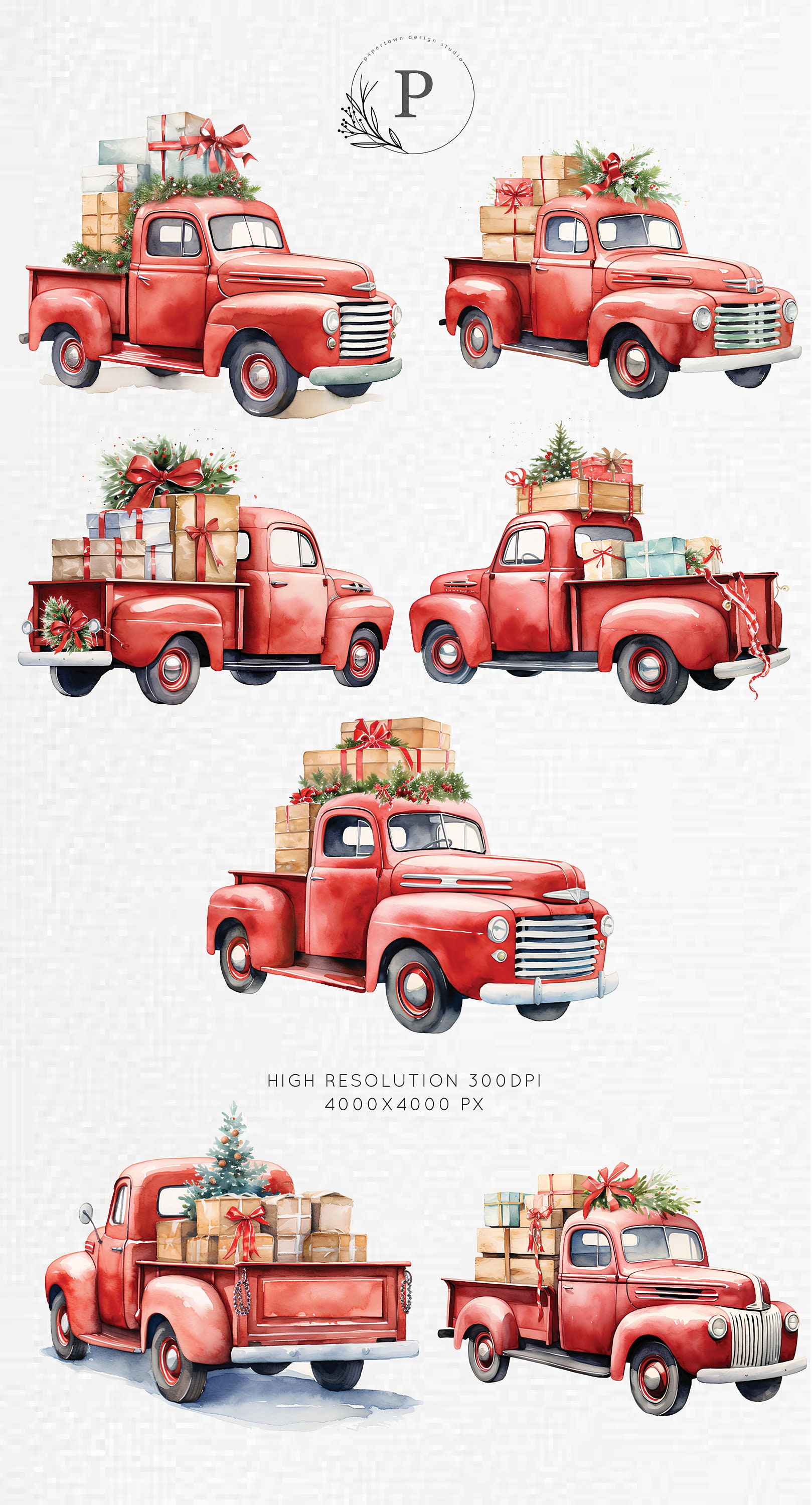 Red Watercolor Christmas Truck Clipart, 7 PNG Files, Digital Download ...