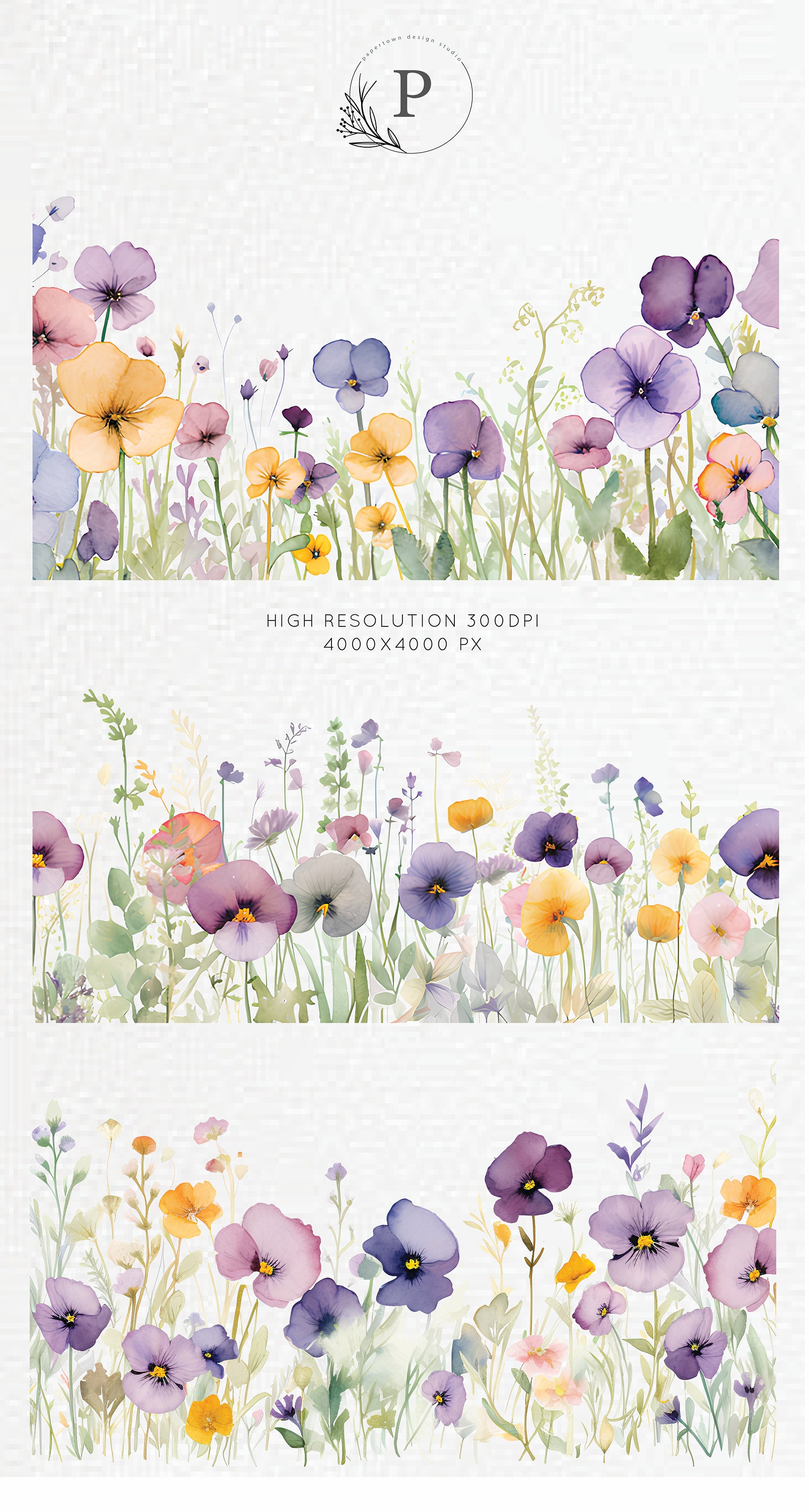 Watercolor Pansy Meadow Flowers Border PNG Files Digital - Etsy