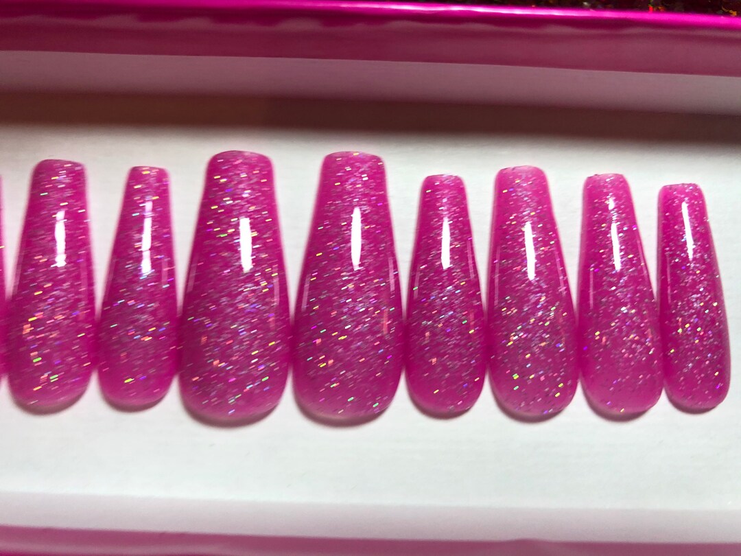 Bright Pink Sparkle Press on Nails Set Hot Neon Pink Glitter Gel Polish ...