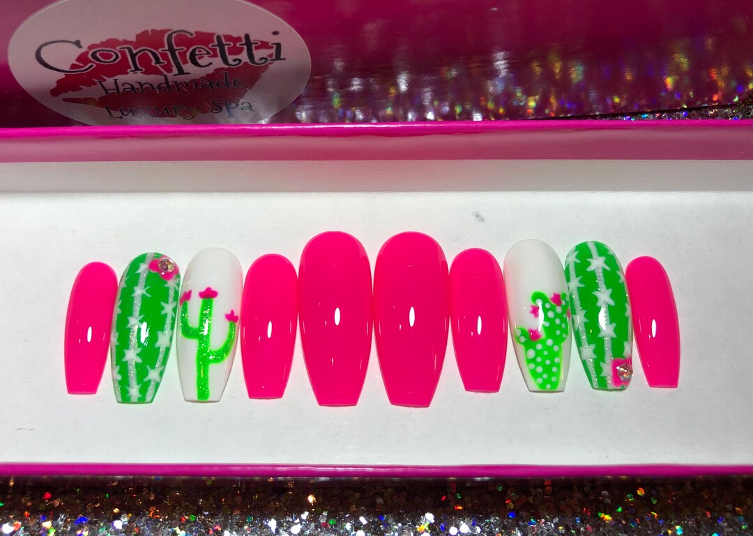 Hot Pink Cactus Press on Nails | Lime Green, Neon Pink | Glue on Fake ...