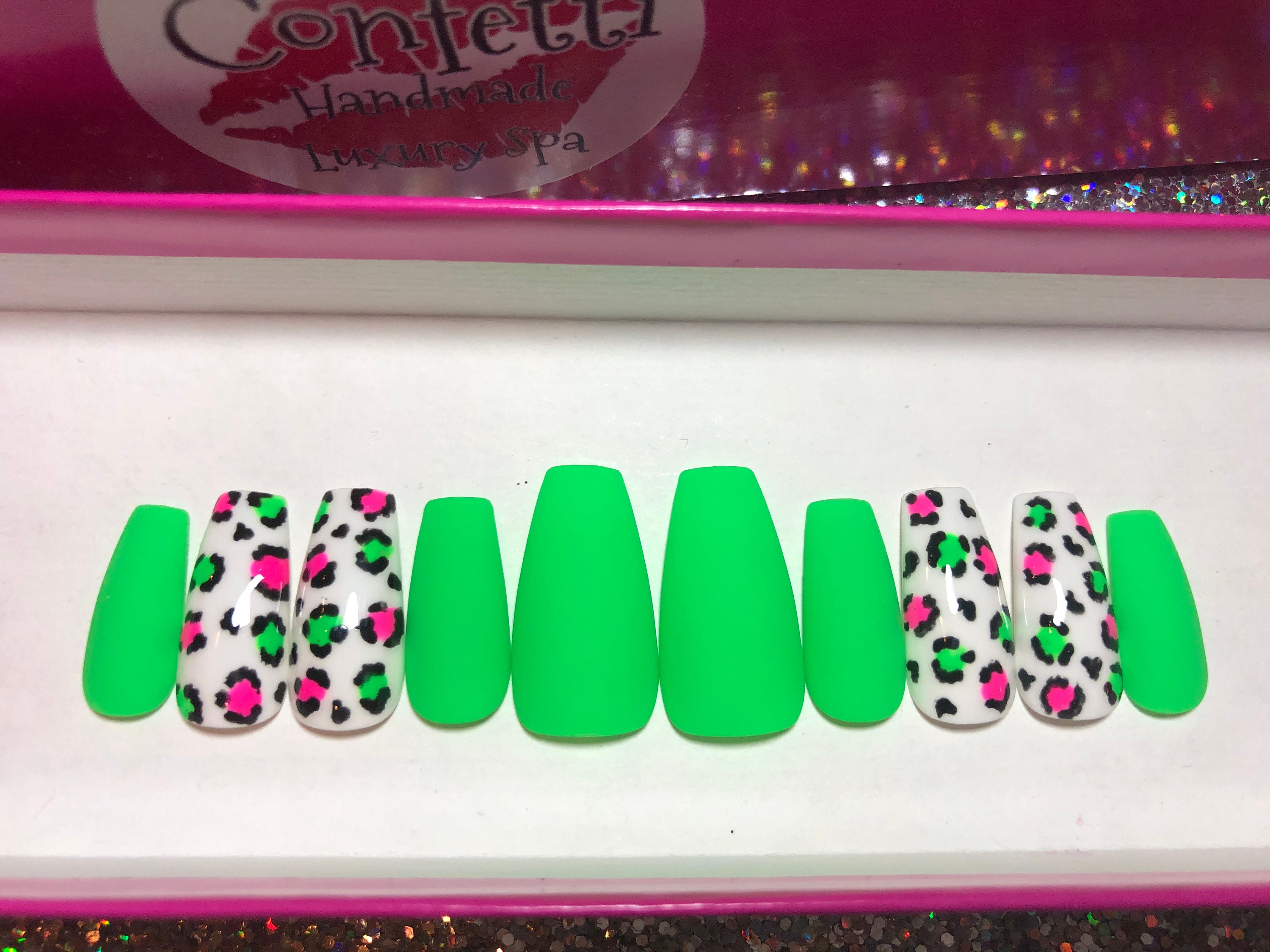 Lime Green Leopard Press On Nails Neon Green Hot Pink | Etsy