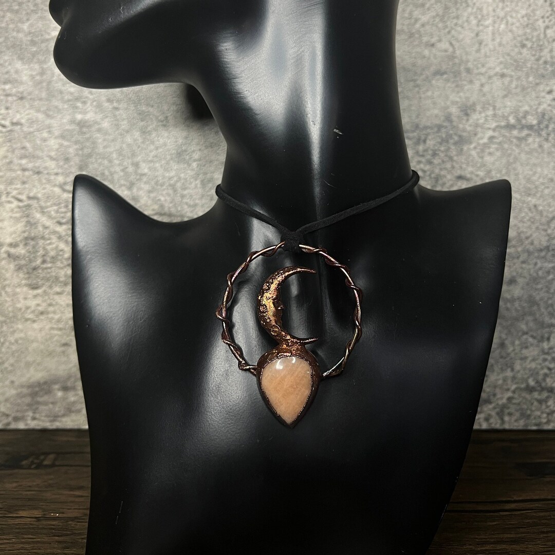3D Printed Crescent Moon Face Peach Moonstone // Electroformed Copper ...