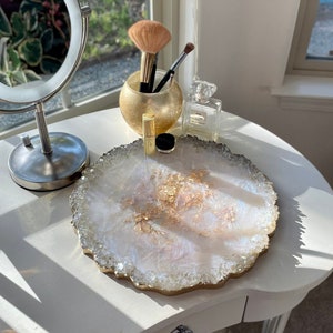 Iridescent White Opal Tray, Round Handmade Resin Tray With Glass Rim ...