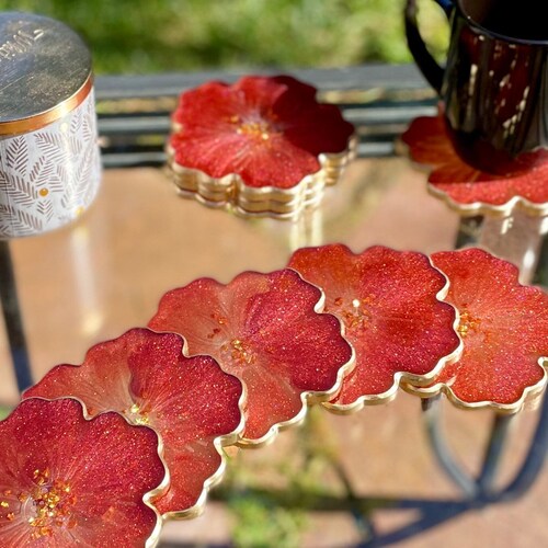 Resin Coaster Sets Ruby Red Coasters With Gold Accents - Etsy