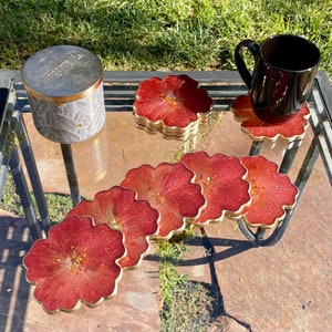 Ruby Red Flower Coasters With Gold Accents, Handmade Epoxy Resin ...