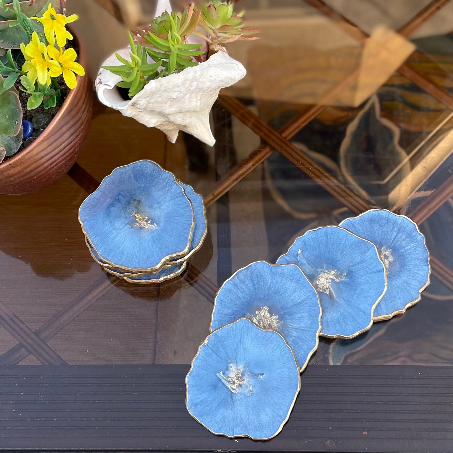 Dark Pastel Blue Coasters With Gold Accents, Geode Agate Style Coasters ...