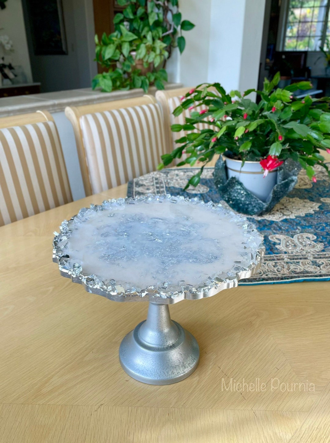 Iridescent White Opal Tray Stand With Silver Pedestal Base, Decorative ...