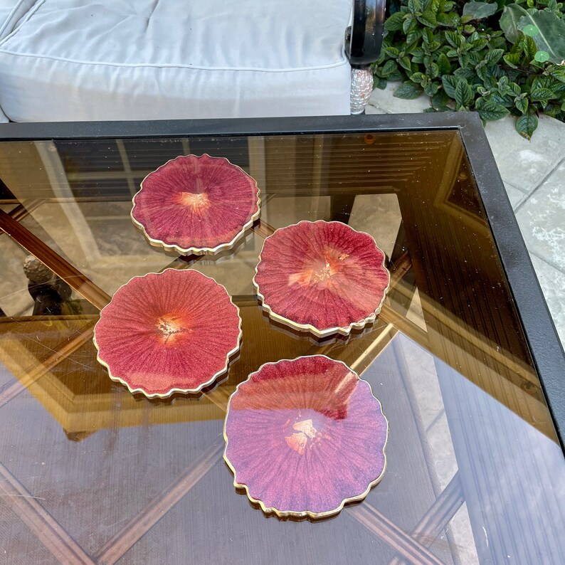 Resin Coaster Sets Ruby Red Coasters With Gold Accents - Etsy