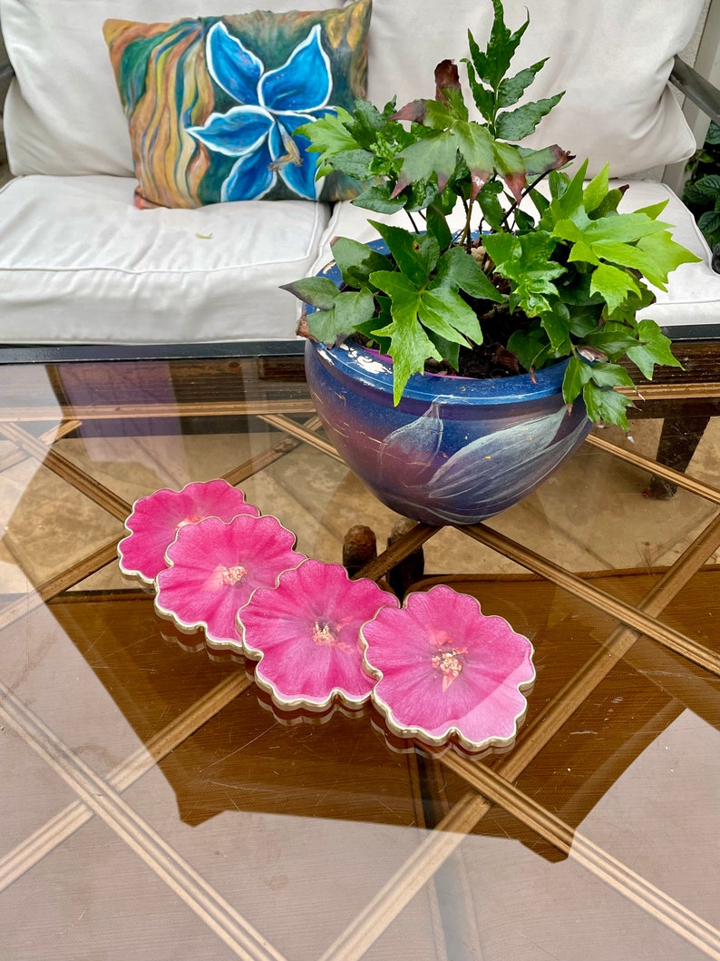 Hot Pink Flower Coasters Handmade Epoxy Resin Coaster Sets | Etsy