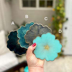 Teal Flower Coasters, Handmade Epoxy Resin Coasters With Gold Accents ...