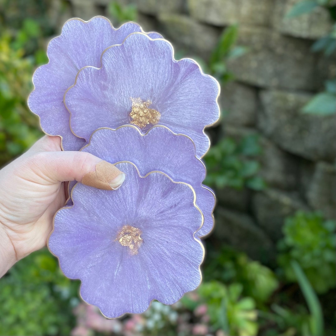 Pastel Lilac Flower Coasters With Gold Accents, Handmade Epoxy Resin ...