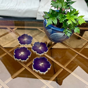 Dark Purple Flower Coasters With Gold Accents, Handmade Epoxy Resin ...