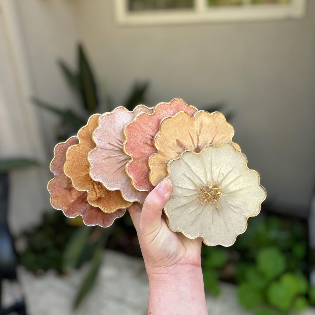 Neutral Pink and Gold Flower Coasters, Handmade Epoxy Resin Coasters ...