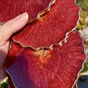 Resin Coaster Sets— Ruby Red Coasters With Gold Accents, Handmade Resin ...