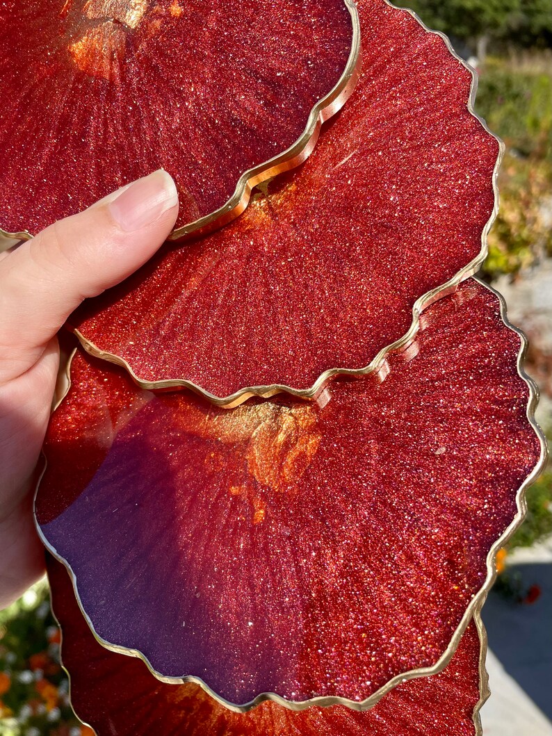 Resin Coaster Sets Ruby Red Coasters With Gold Accents - Etsy
