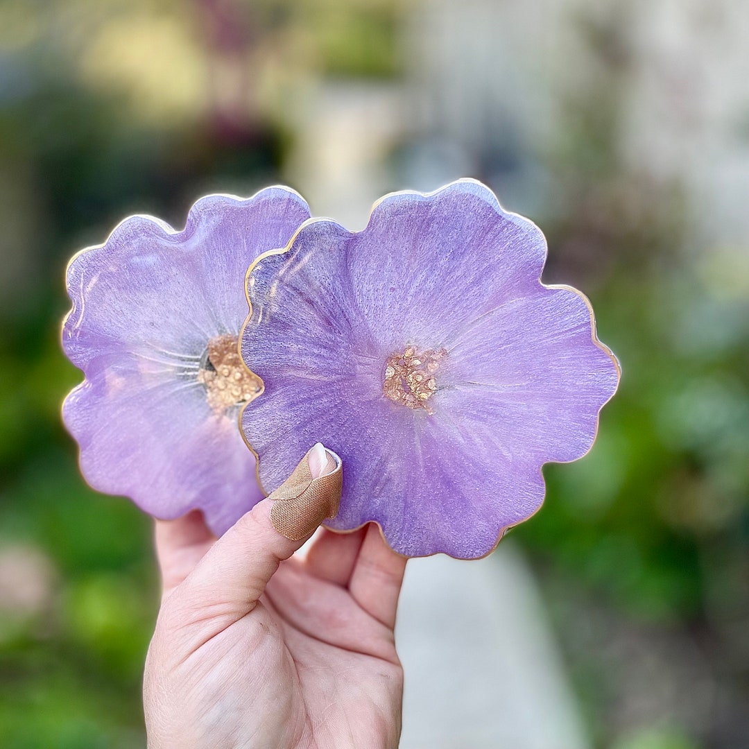 Pastel Lilac Flower Coasters With Gold Accents, Handmade Epoxy Resin ...