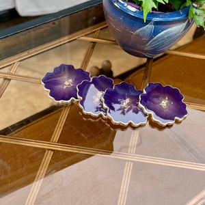 Dark Purple Flower Coasters With Gold Accents, Handmade Epoxy Resin ...
