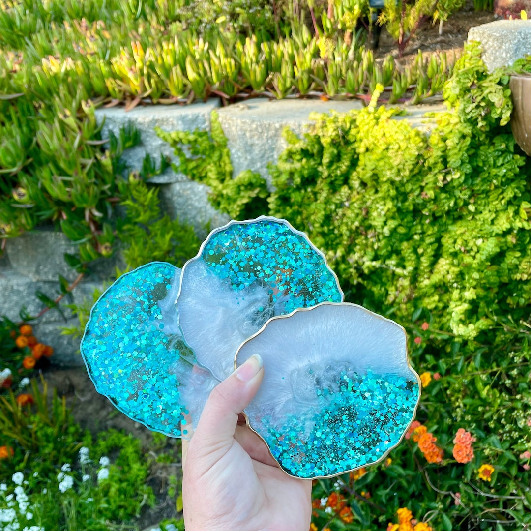 Aqua Teal and White Coasters, Handmade With Epoxy Resin and Opal Color ...