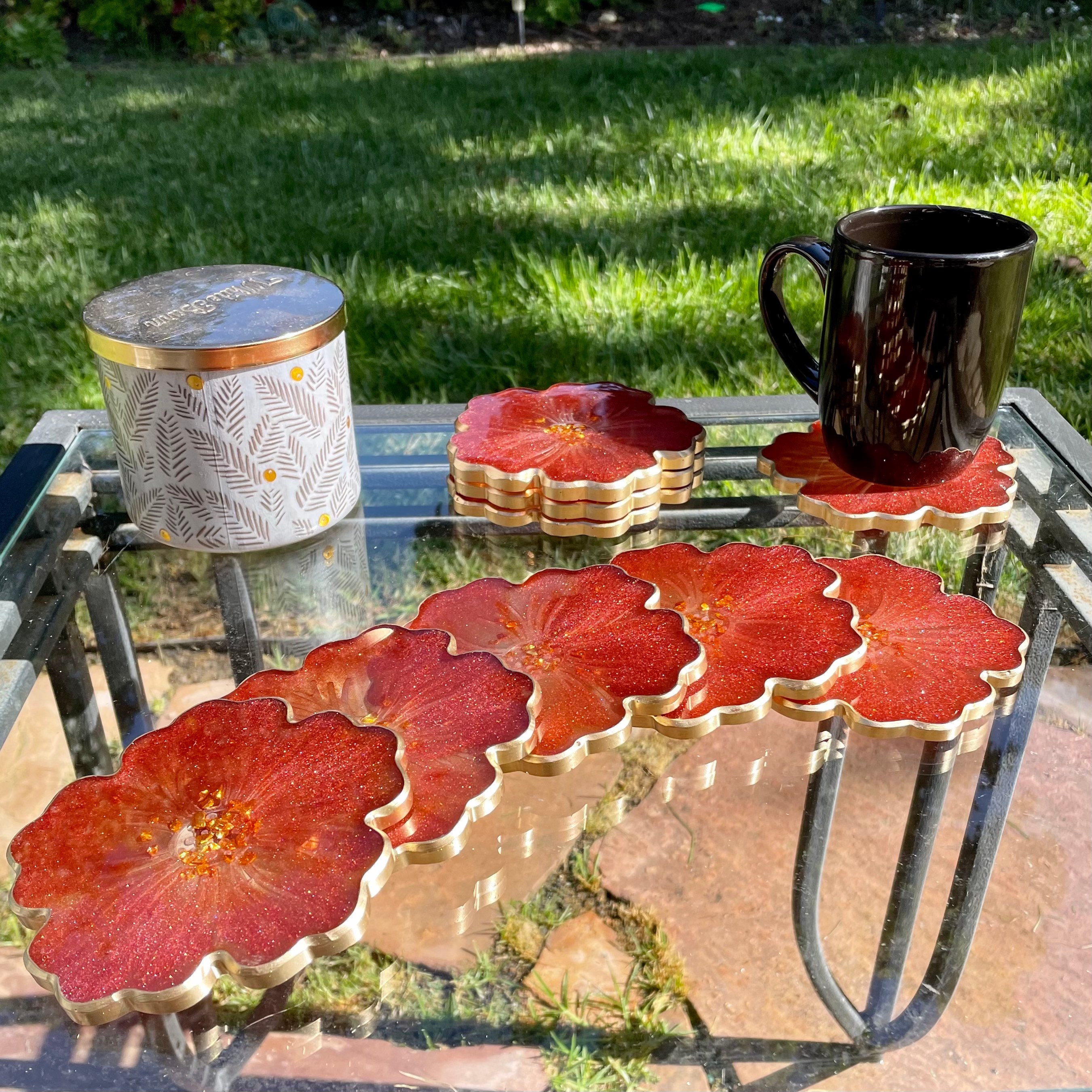 Ruby Red Flower Coasters With Gold Accents, Handmade Epoxy Resin ...