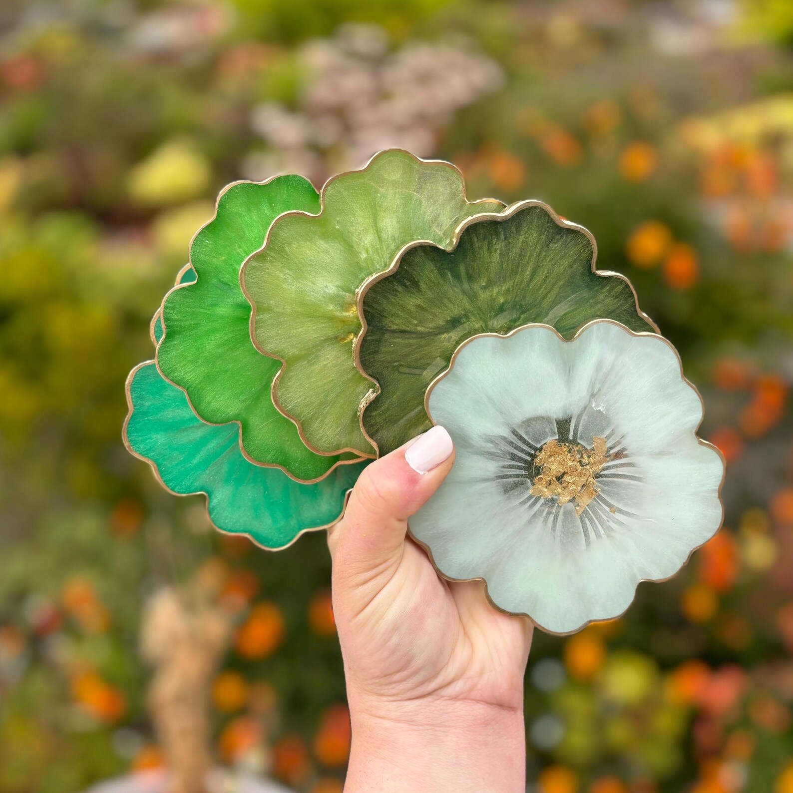 Shades of Green Flower Coasters, Handmade Epoxy Resin Coasters With ...