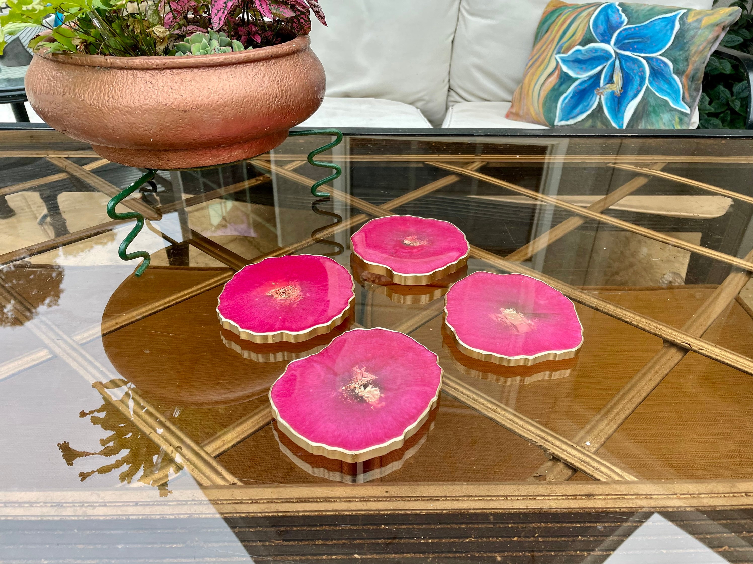 Hot pink coaster set pink & gold coasters with unique shape | Etsy