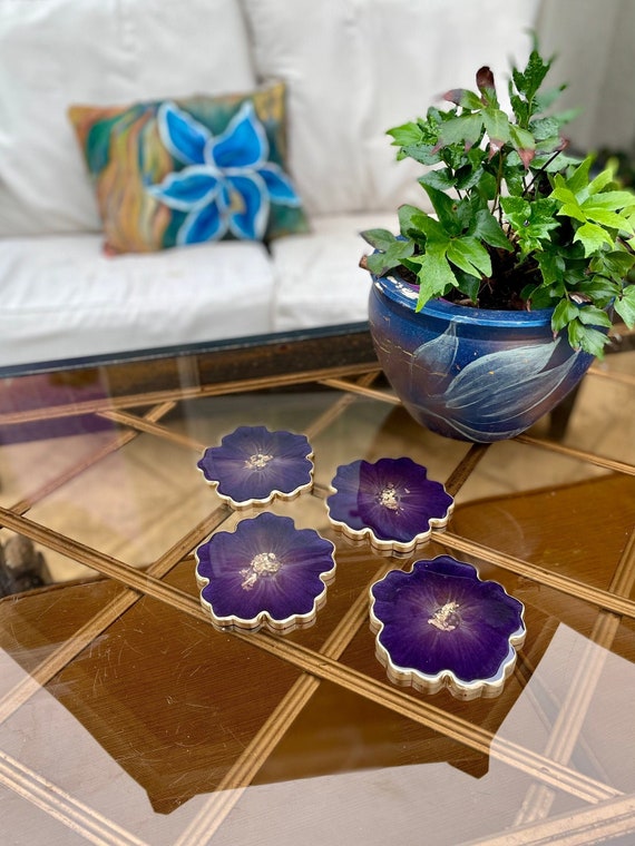 Dark Purple Flower Coasters With Gold Accents Handmade Epoxy | Etsy