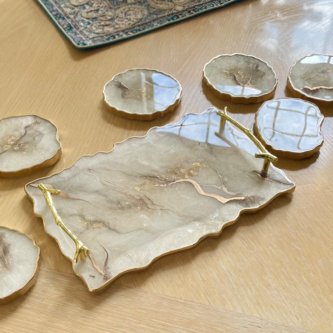 Faux Marble Tray and Coaster Set With Metallic Gold Accents, Cream ...