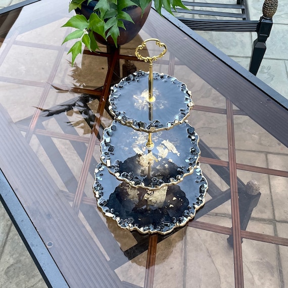 3 Tiered Serving Tray With Glass Rim Handmade Resin Tray - Etsy
