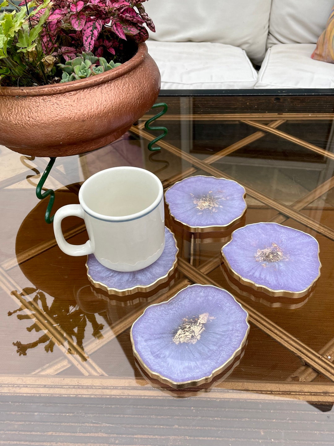 Lilac Coaster Sets of 2 or 4, Pastel Purple and Gold Coasters With ...