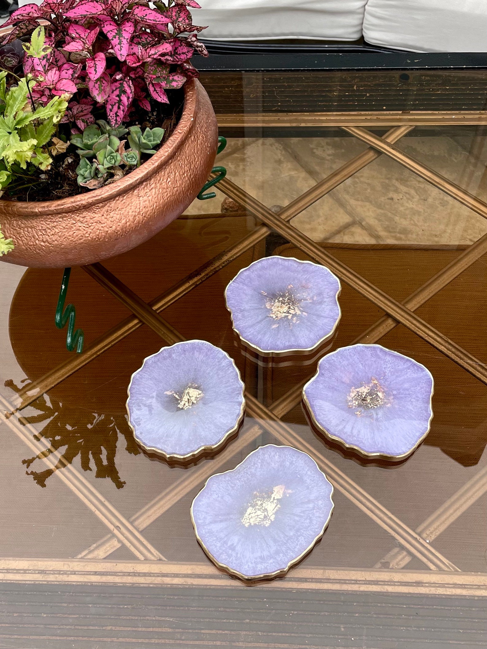 Lilac Coaster Sets of 2 or 4, Pastel Purple and Gold Coasters With ...