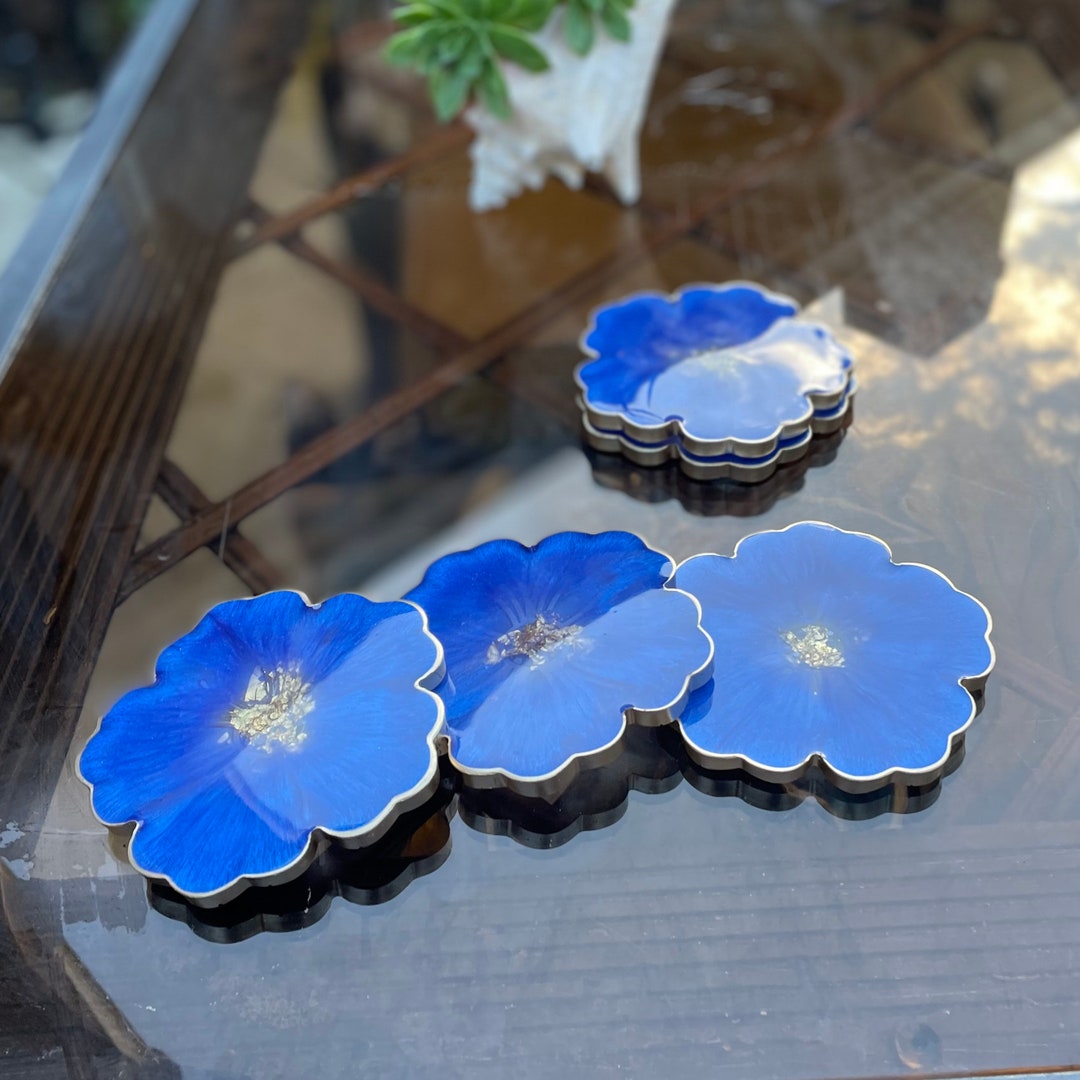 Royal Blue Flower Coasters With Gold Accents, Handmade Epoxy Resin ...