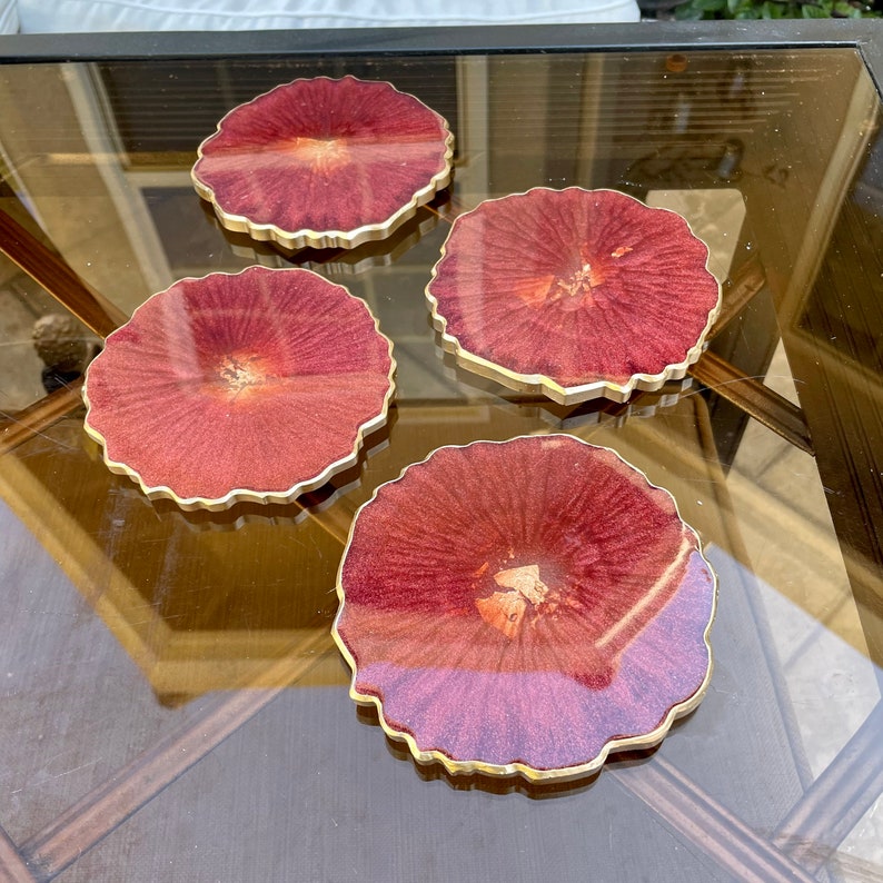 Resin Coaster Sets Ruby Red Coasters With Gold Accents - Etsy