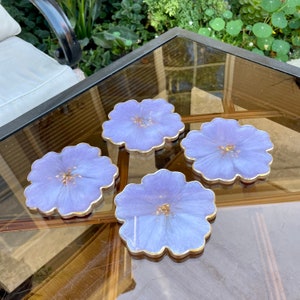 Pastel Lilac Flower Coasters With Gold Accents, Handmade Epoxy Resin ...