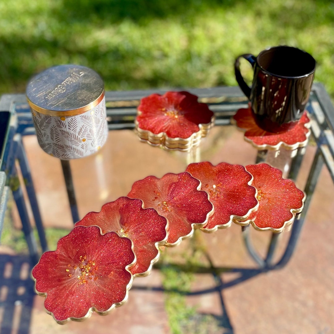 Ruby Red Flower Coasters With Gold Accents, Handmade Epoxy Resin ...
