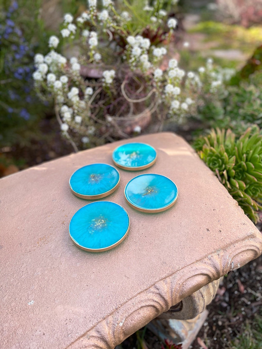 Teal and Gold Coaster Set, Handmade Epoxy Resin Coasters, Bright Teal ...