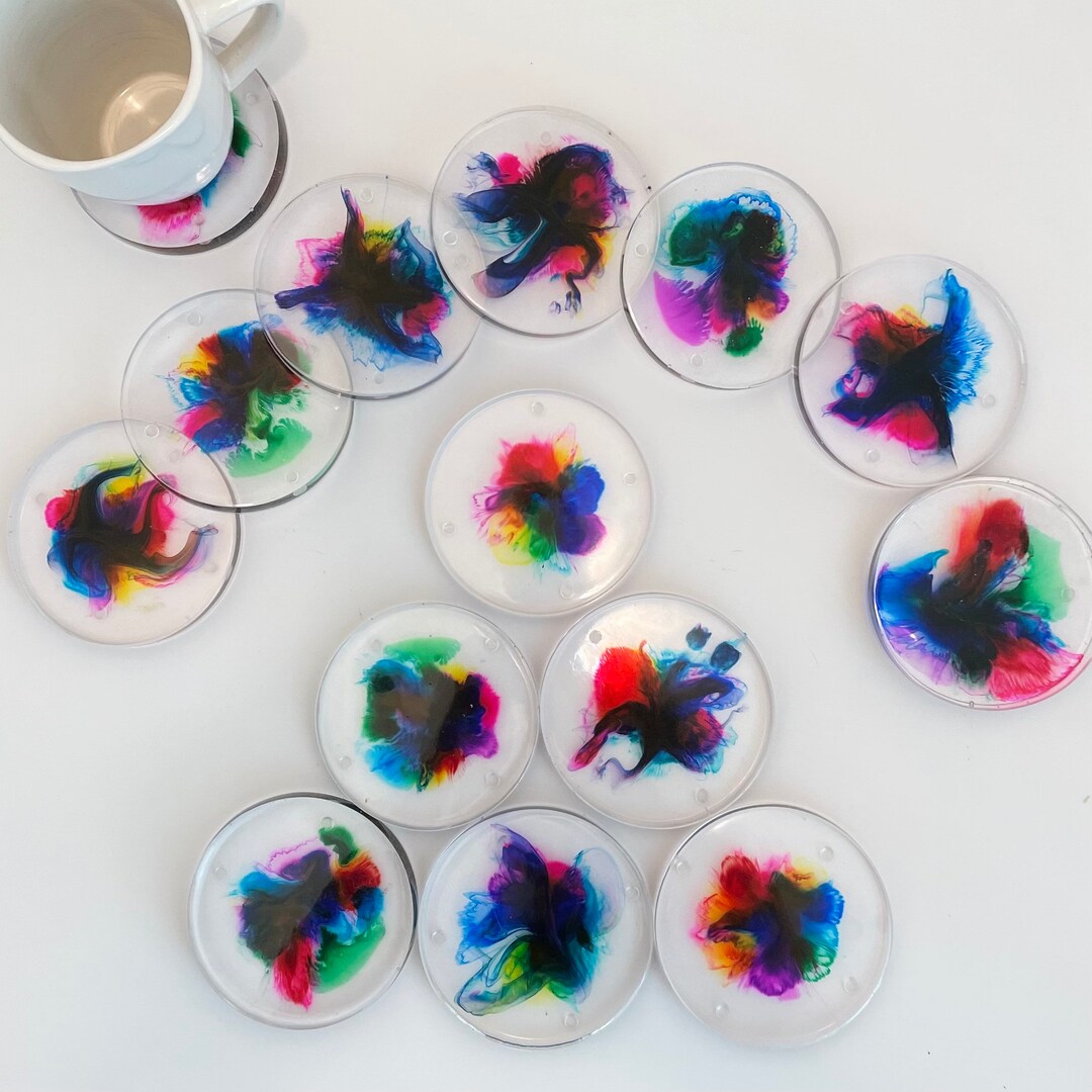Colorful Rainbow Coasters, Handmade With Epoxy Resin and Alcohol Ink, 4 ...