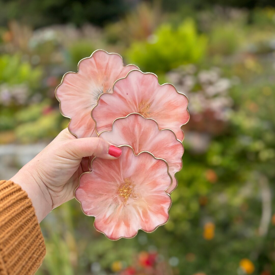 Pastel Coral Flower Coasters With Gold Accents, Handmade Epoxy Resin ...