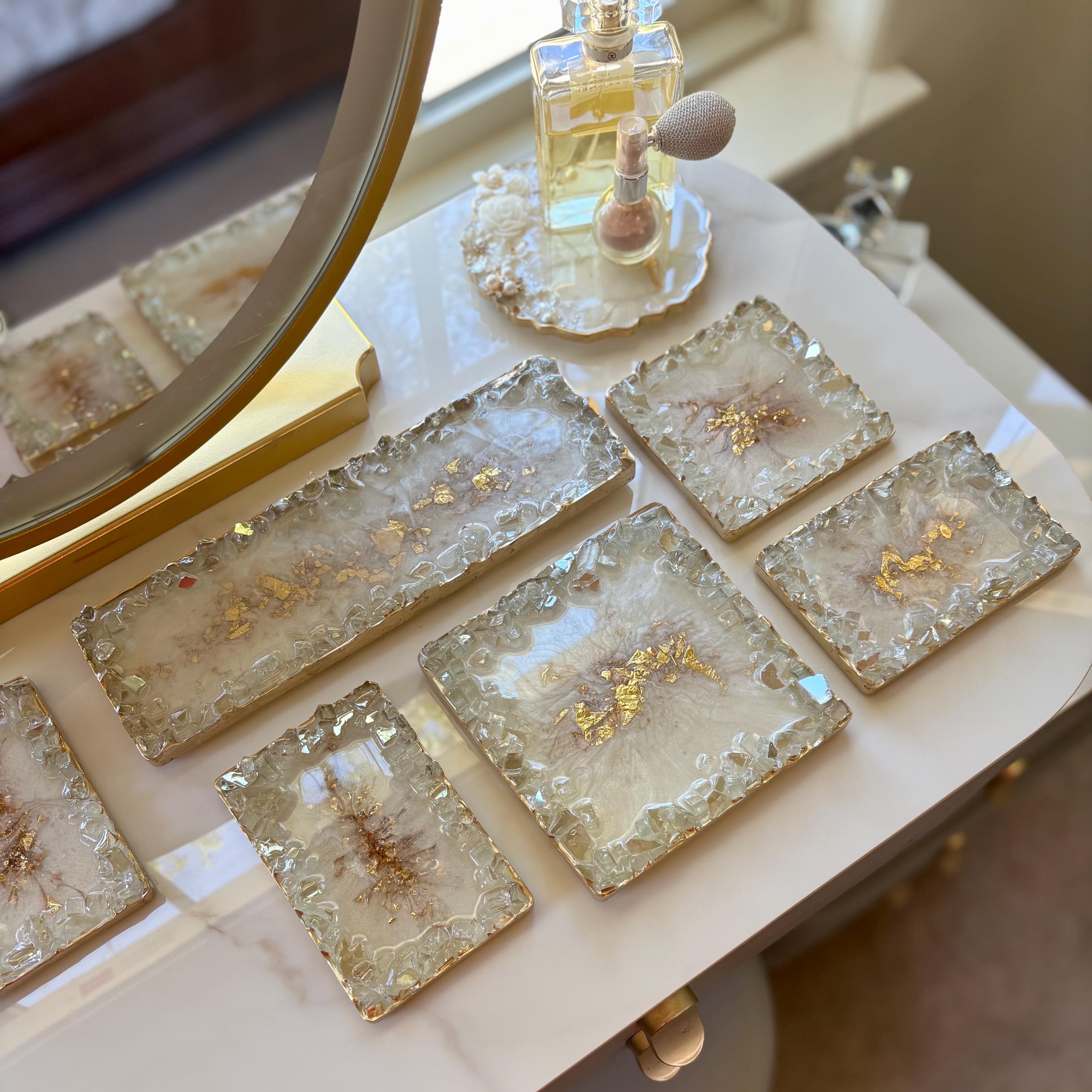 Handmade Trays in Custom Size, Small Resin Tray With Glass Rim and Gold ...