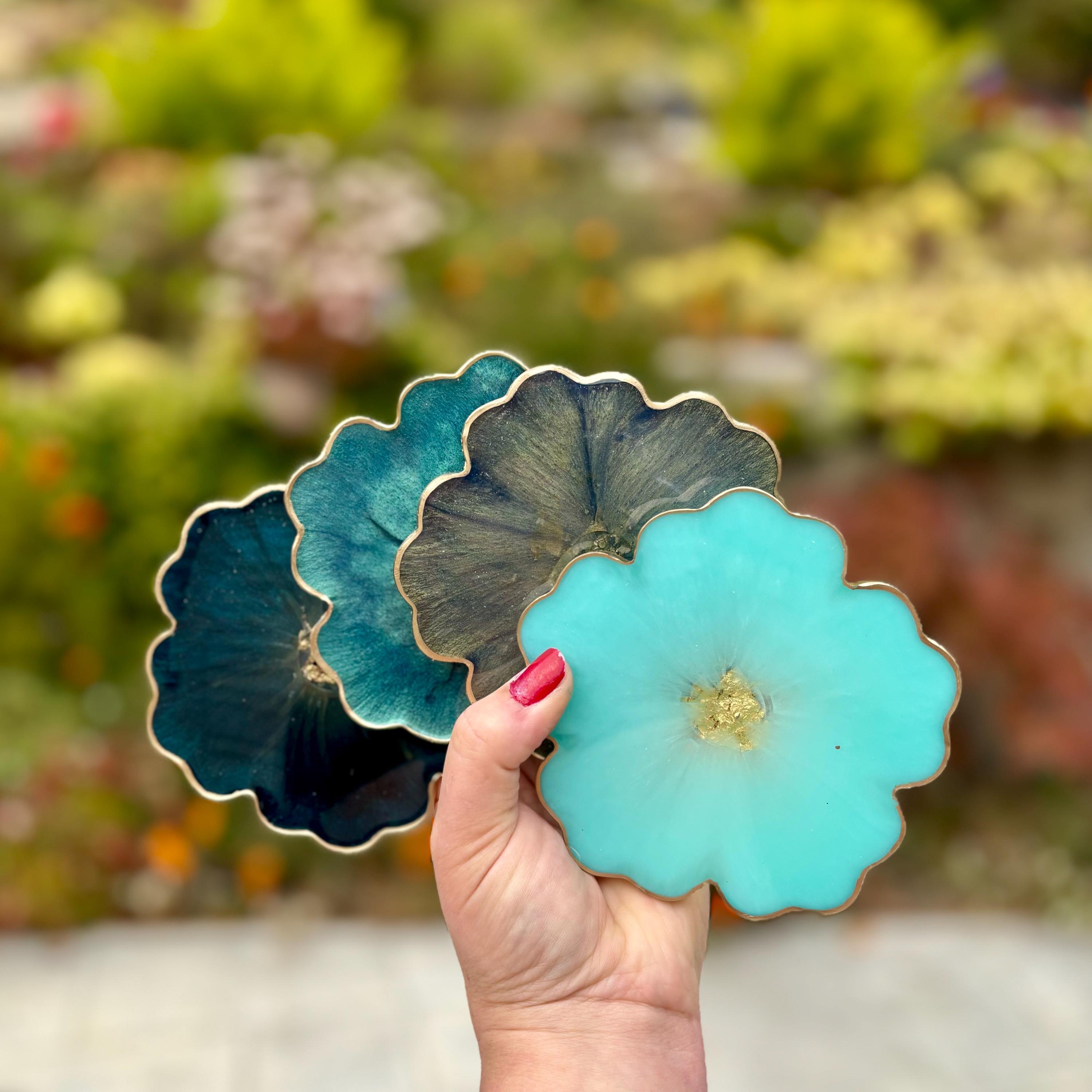 Teal Flower Coasters, Handmade Epoxy Resin Coasters With Gold Accents ...