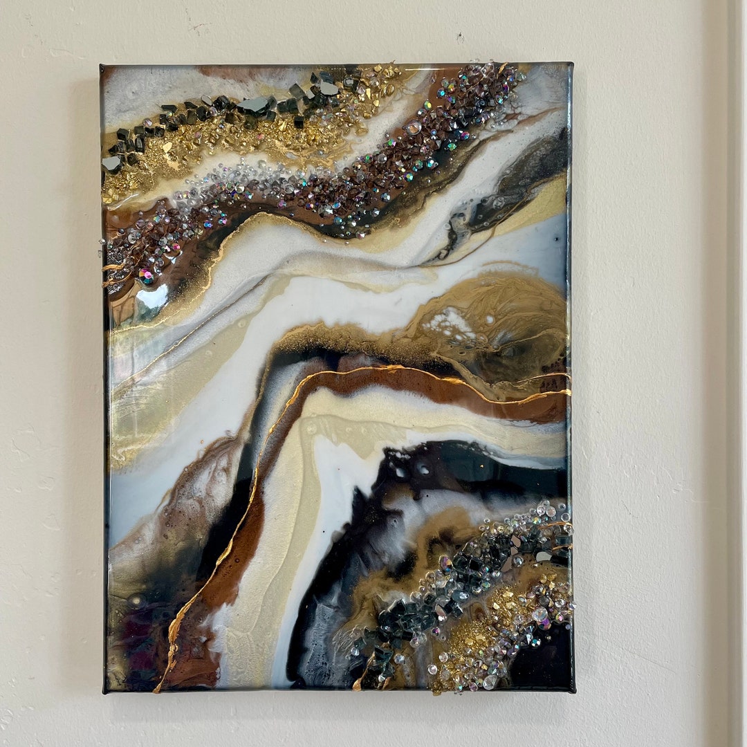 Abstract Resin Wall Hanging, Black and Gold Geode Style Painting on ...