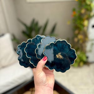 Dark Teal Flower Coasters, Handmade Epoxy Resin Coasters With Gold ...
