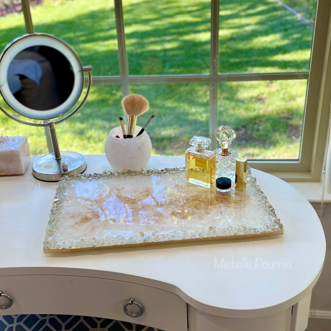 X Large Tray With Reflective Glass Rim, Handmade Epoxy Resin Tray With ...