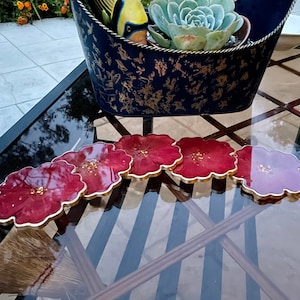 Ruby Red Flower Coasters With Gold Accents, Handmade Epoxy Resin ...