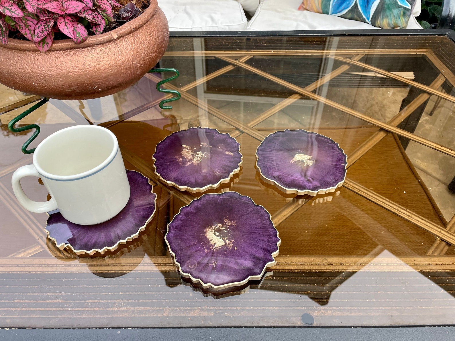 Deep Purple and Gold Resin Coaster Set, Large Coasters With Irregular ...