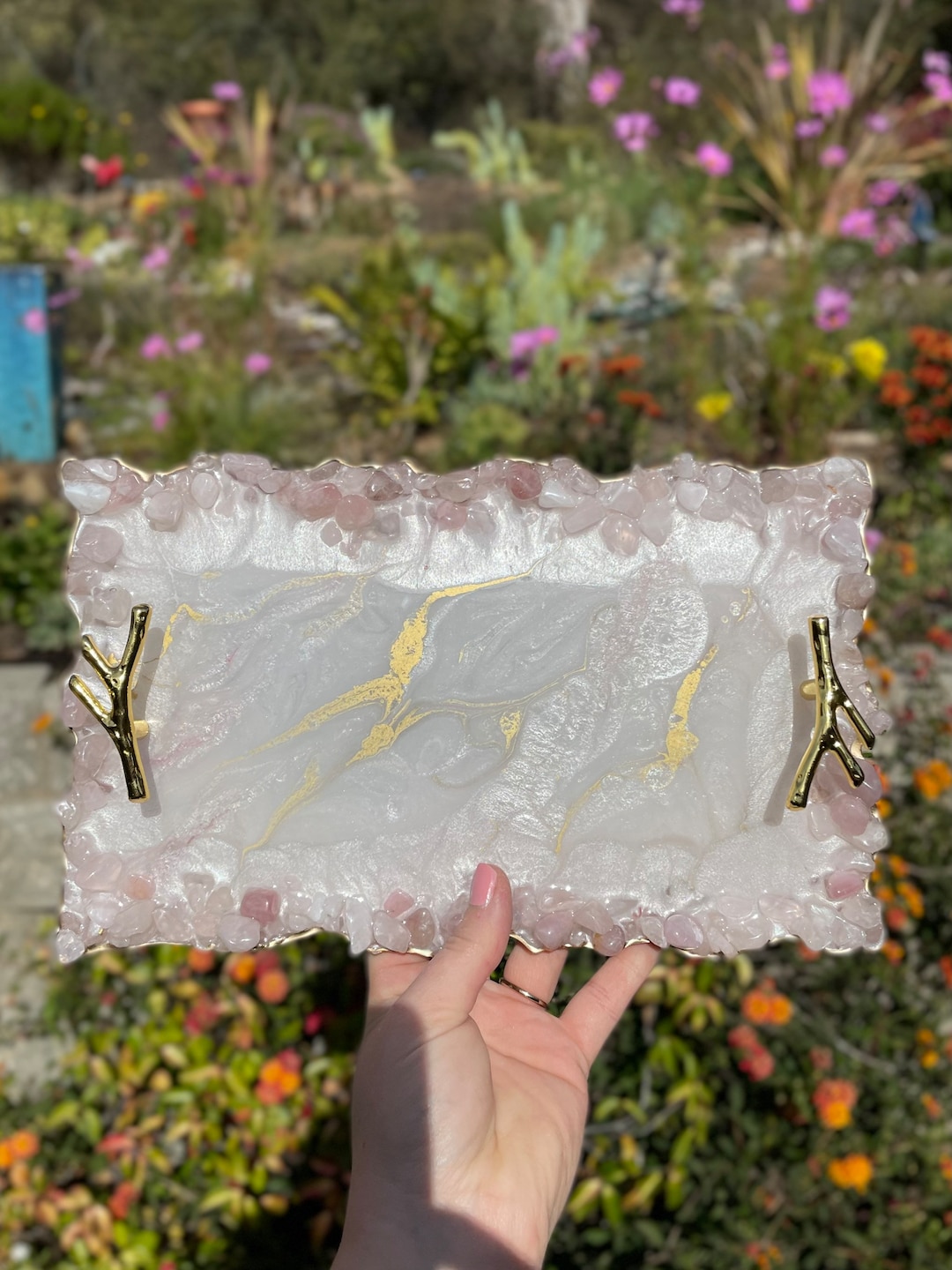 Pink Quartz Crystal Tray, Handmade Epoxy Resin Tray With Rose Quartz ...