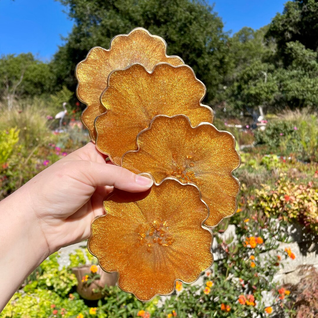 Bronze Flower Coasters, Handmade Epoxy Resin Coasters, Fall Decor Resin ...