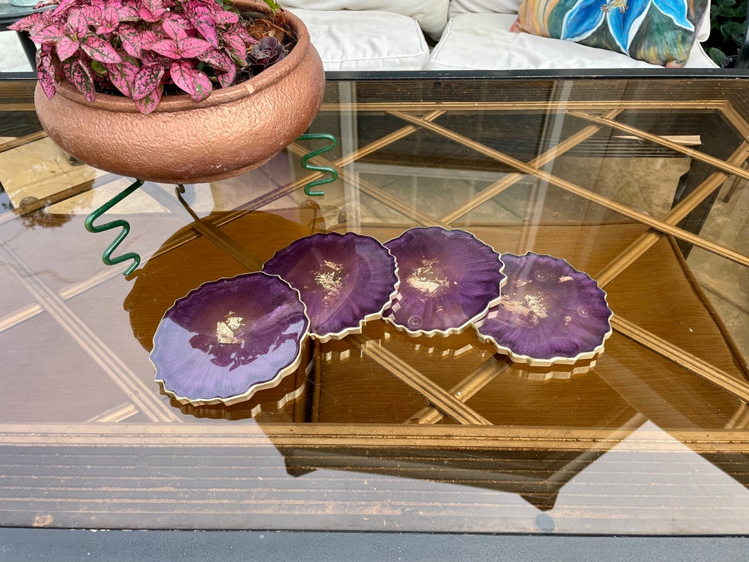 Deep Purple and Gold Resin Coaster Set, Large Coasters With Irregular ...