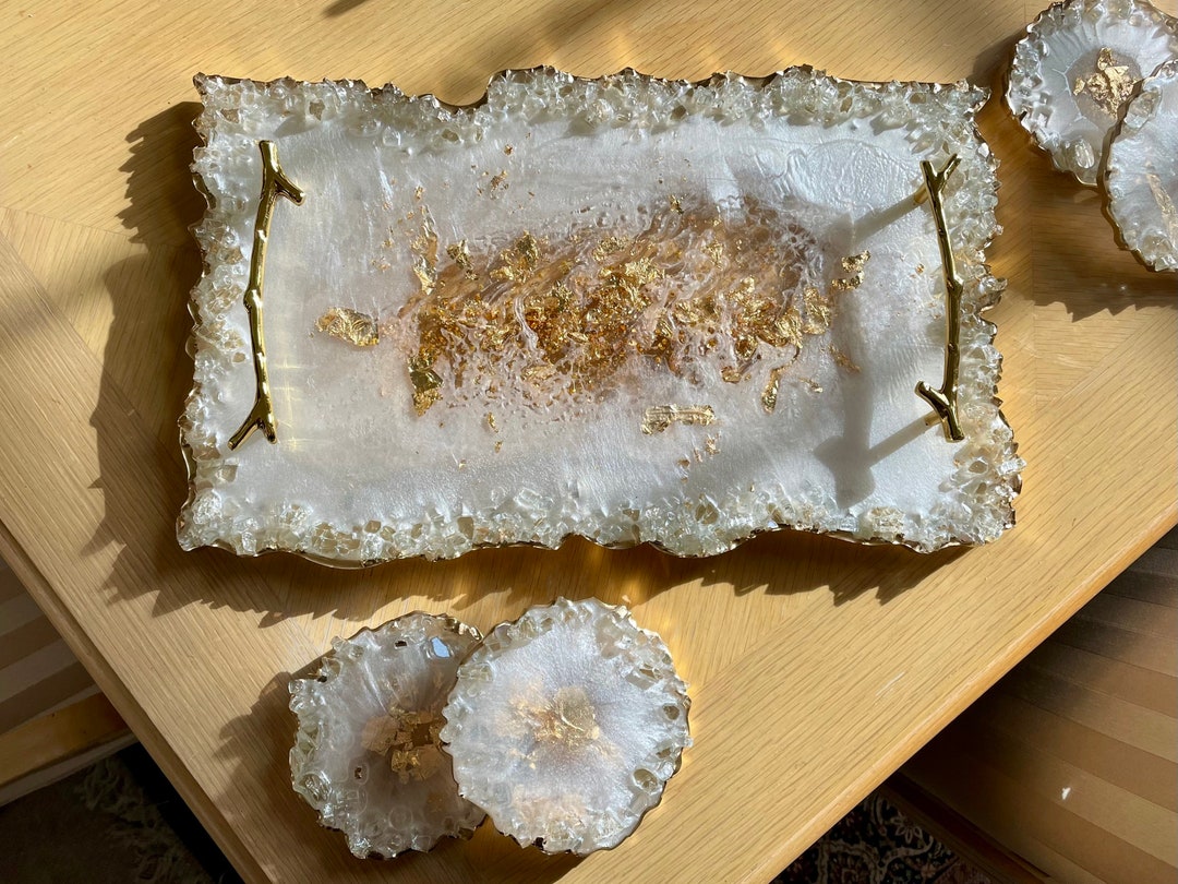 Large Tray & Coaster Set With Reflective Glass Rim, 18x11” Epoxy Resin ...